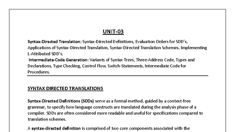 CD Unit-03: Syntax Directed Translations and Intermediate Code ...