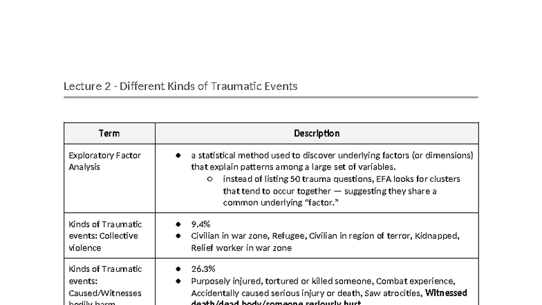 Lecture 2: Exploring Different Types of Traumatic Events and EFA - Studocu