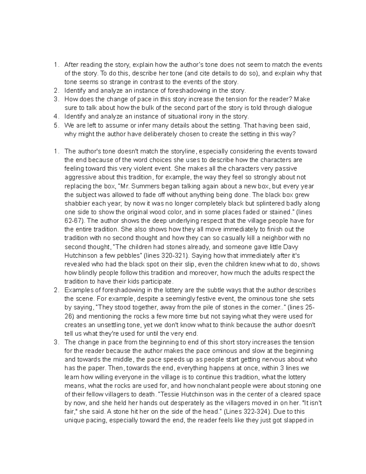 Analysis Questions for The Lottery - After reading the story, explain ...