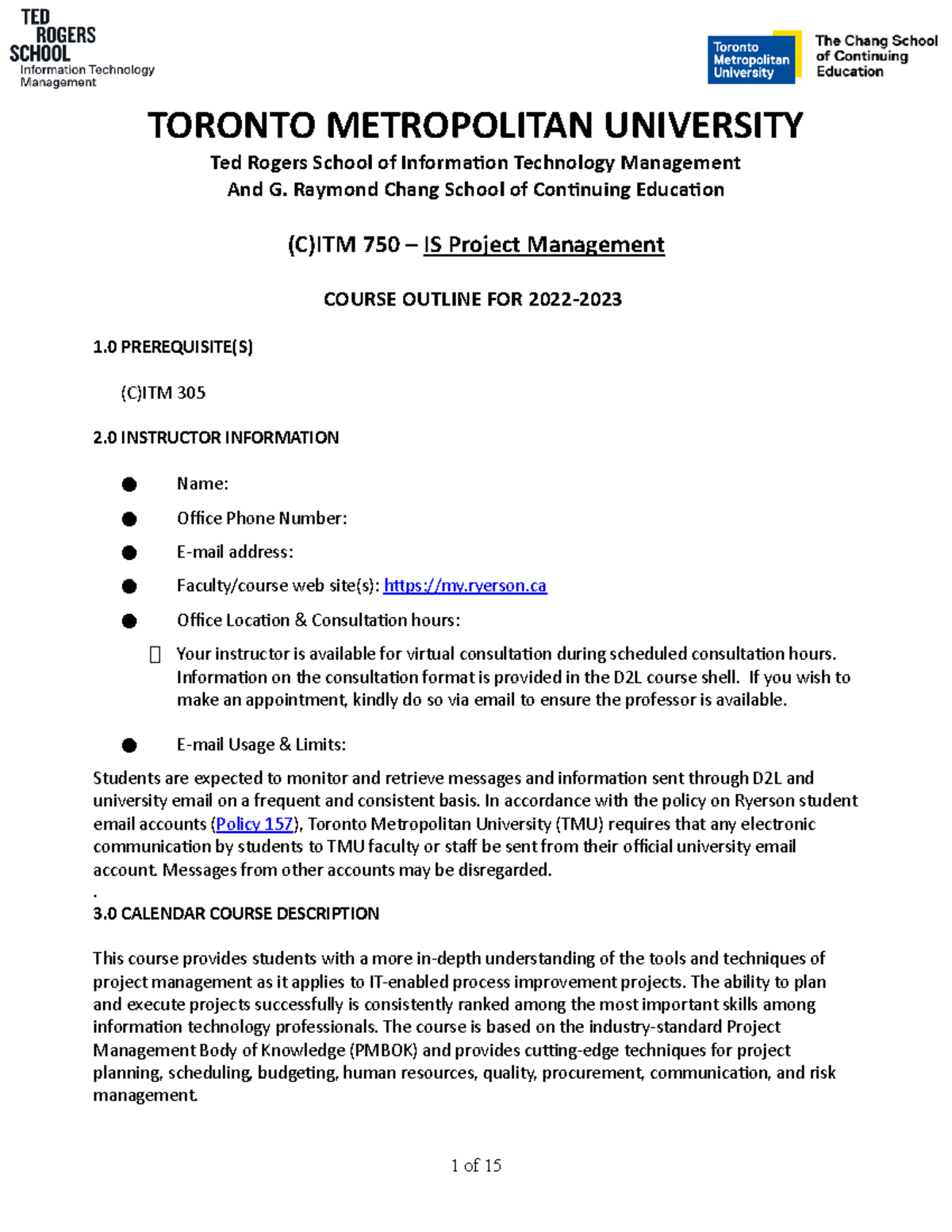 ITM750 Course Outline - IS Project Management Winter 2023 - Studocu