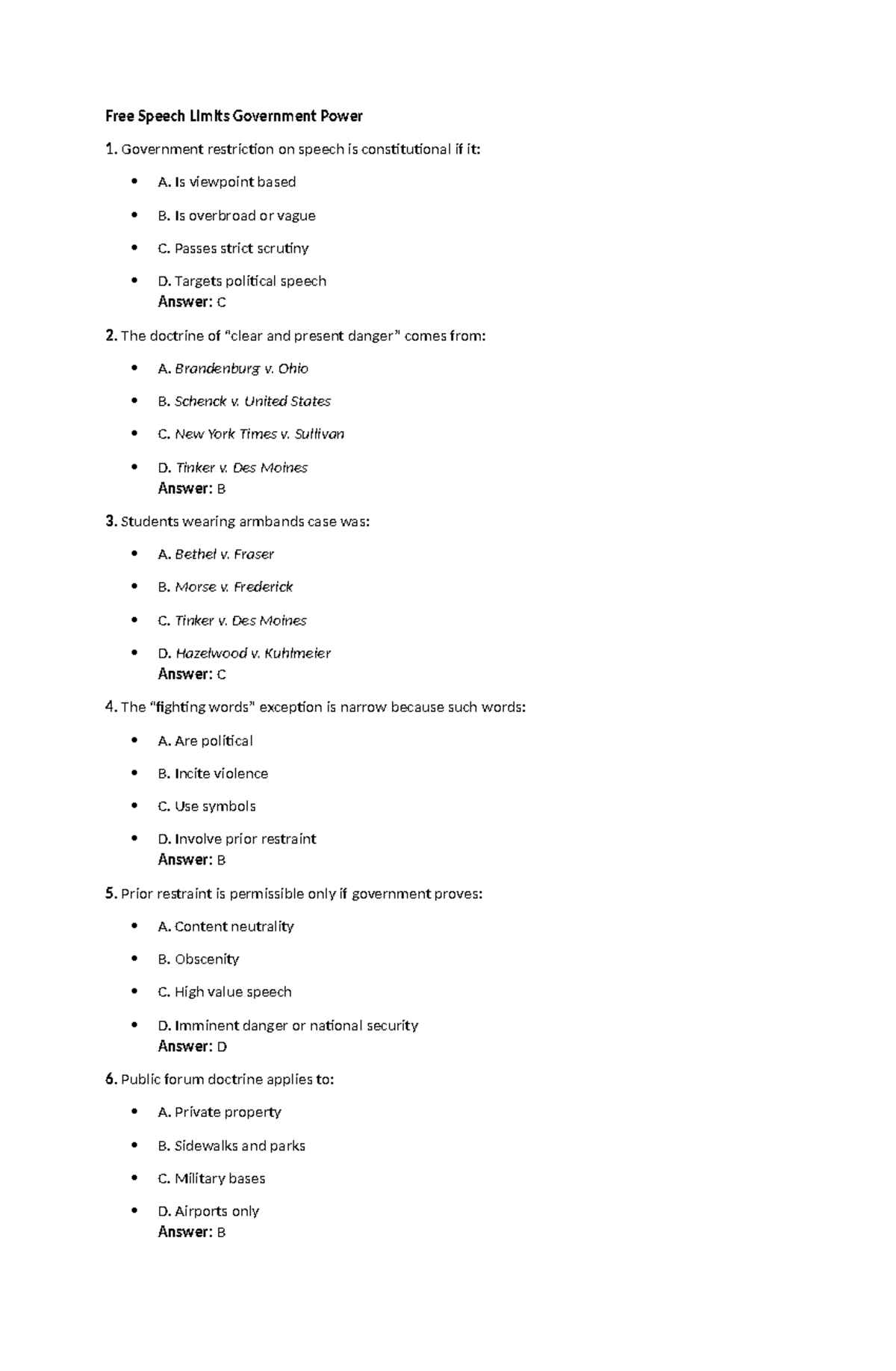 CIV 101: Free Speech Limits on Government Power - Key Concepts - Studocu