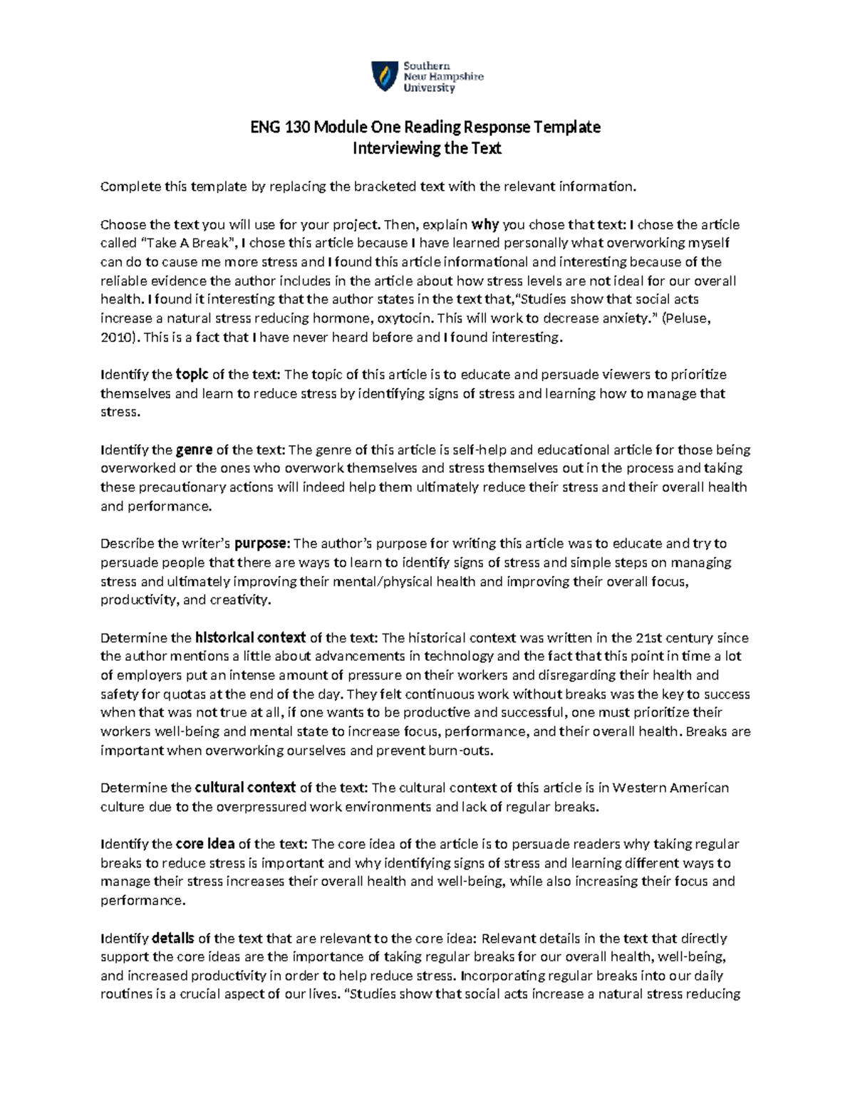 ENG 130 Module One Reading Response: Analyzing Stress Management Text ...