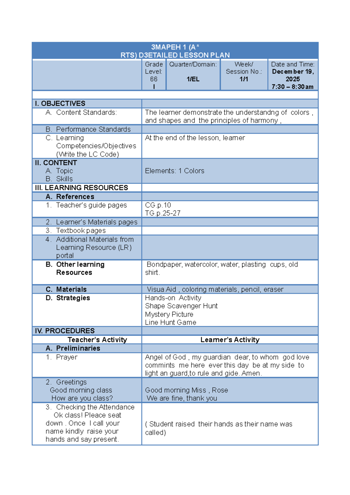 3MAPEH 1 Detailed Lesson Plan for Grade 6: Understanding Colors and ...