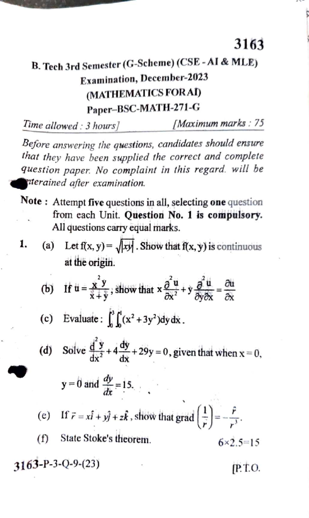 3163 B.Tech 3rd Sem AI MLE Mathematics Exam PYQ 2023-2024 - Studocu
