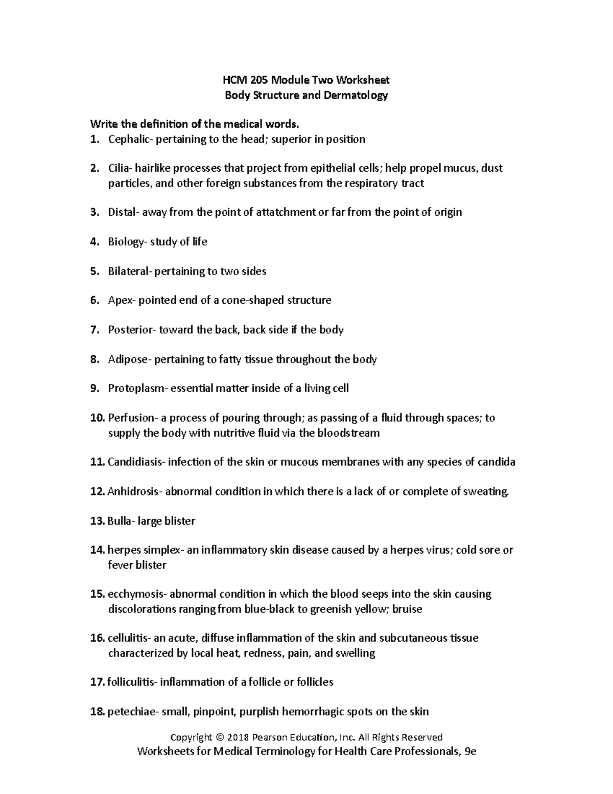 HCM 205 Body Structure & Dermatology Terminology Worksheet - Studocu