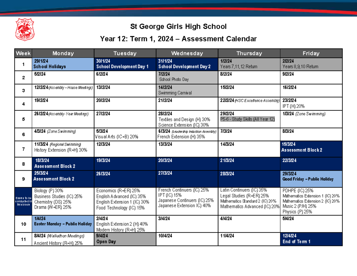 I St George Girls High School Year 12: 2024 Assessment Calendar - Studocu