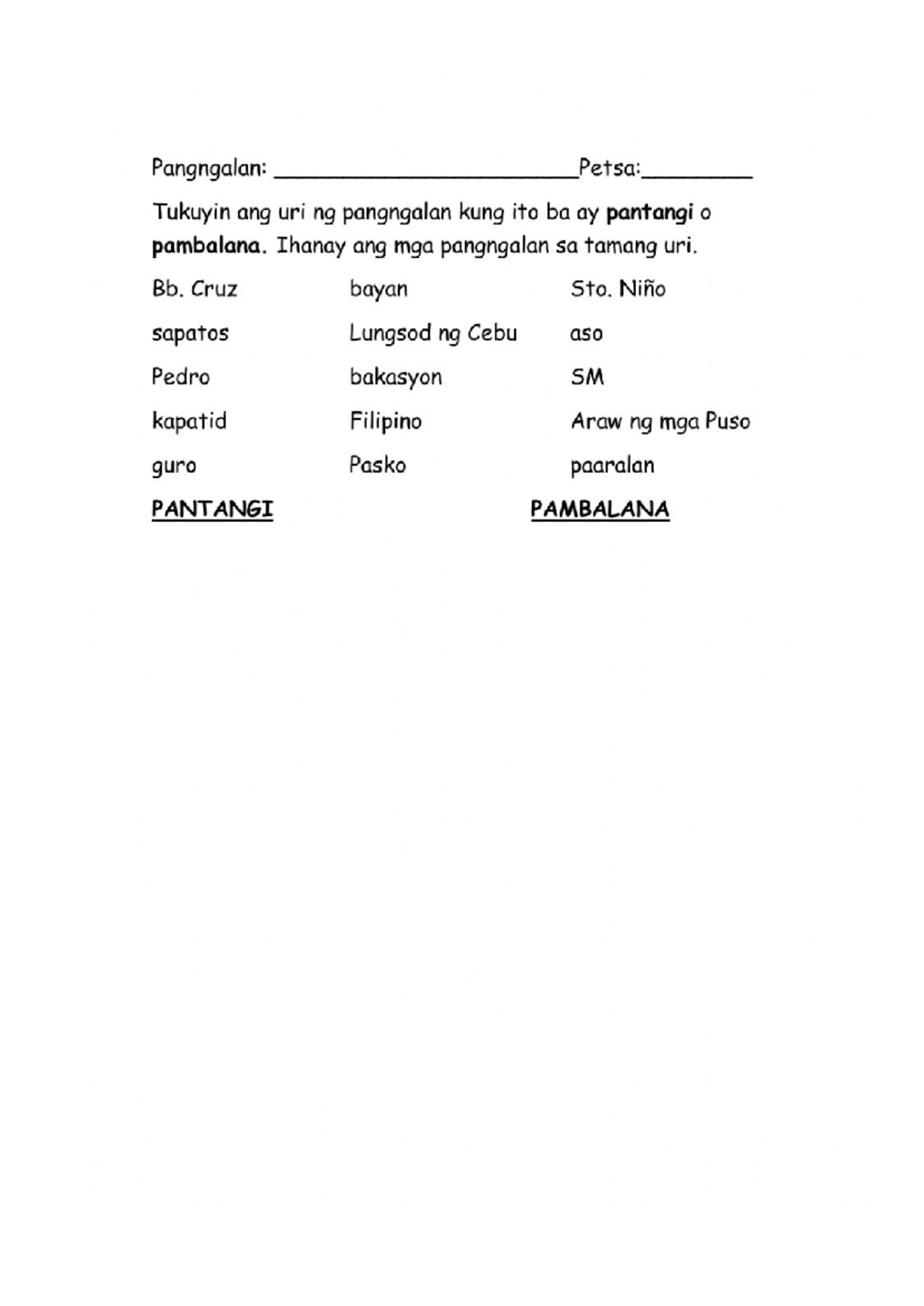 Pangngalan Worksheet: Pantangi at Pambalana na Pagsusuri - Studocu