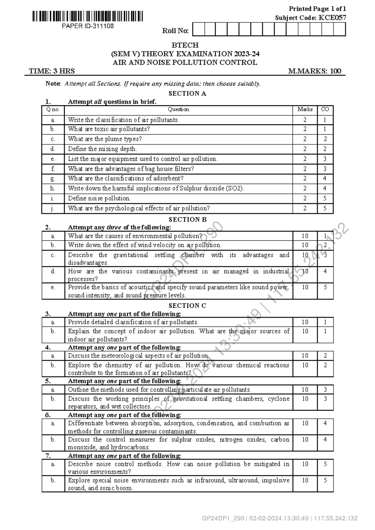 KCE057 BTECH SEM V Theory Exam: Air and Noise Pollution Control - Studocu