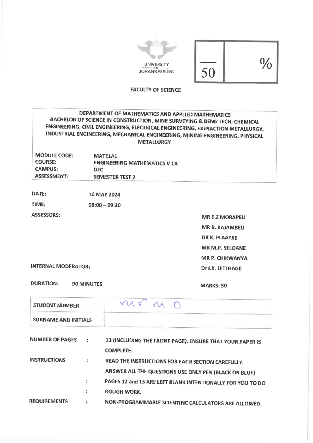 Engineering Mathematics V 1A: Semester Test 2 Memo - 10 May 2025 - Studocu
