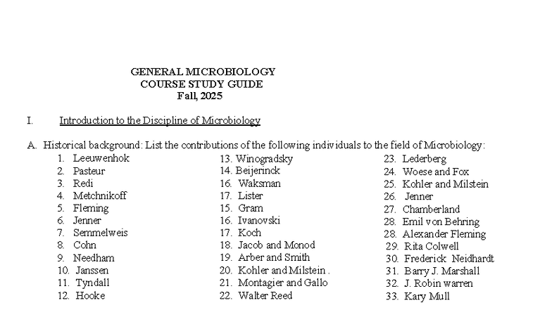 General Microbiology Study Guide (Course Code: MICRO 101) - Fall 2025 ...