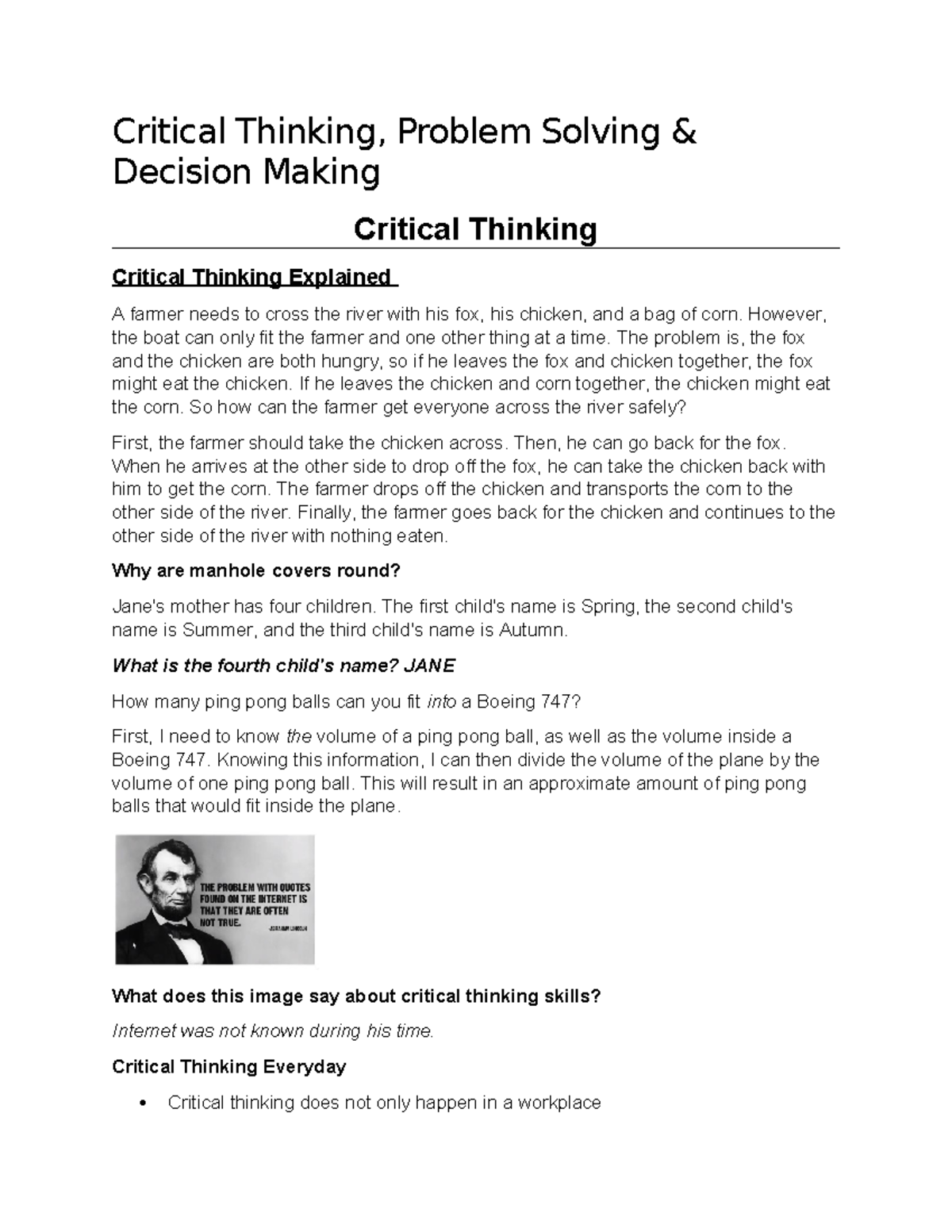 Critical Thinking, Problem Solving & Decision Making - Exam Notes - Studocu