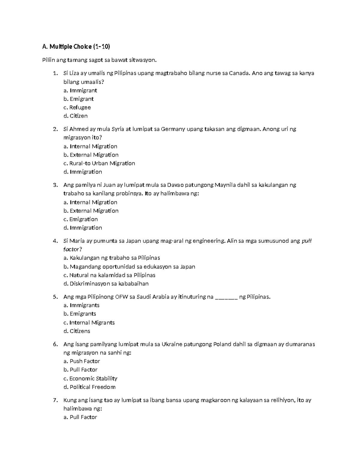Quiz on Migration (Course Code: MGT101) - Multiple Choice & True/False ...