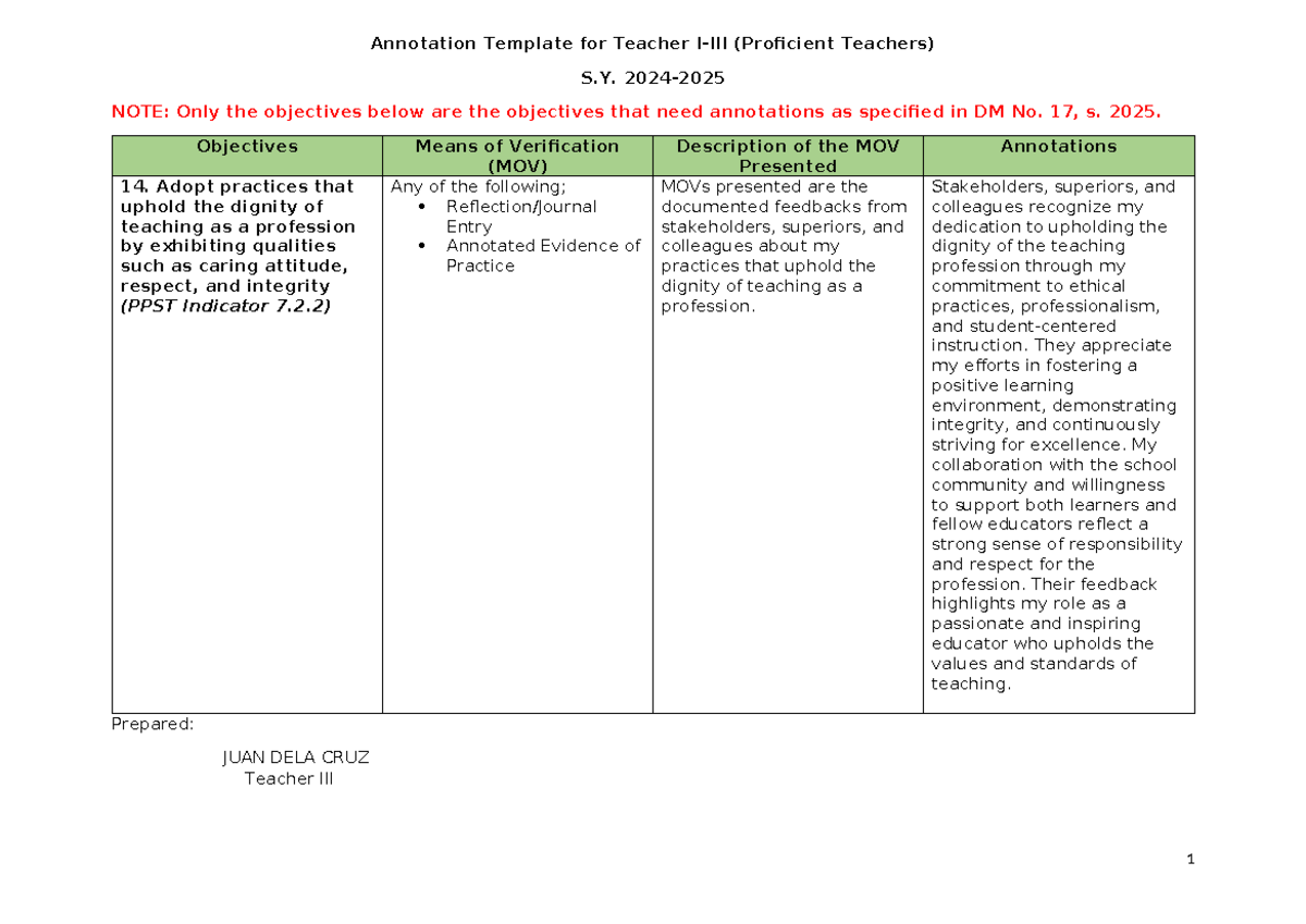 Annotation Template for Proficient Teachers (S.Y. 2025) - Studocu