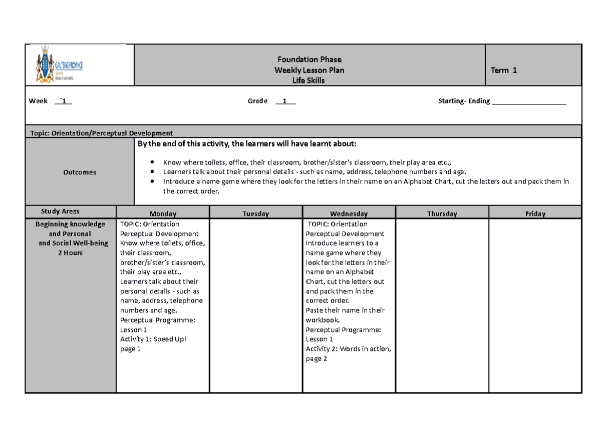 Grade 1 LIFE Skills Weekly Lesson Plan - Term 1, Week 1 - Studocu