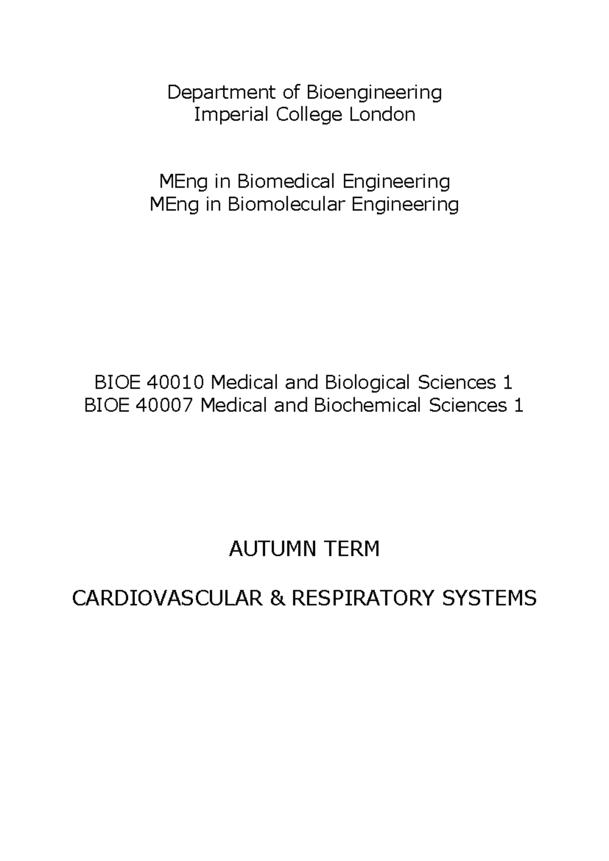 BIOE 40010 Cardiovascular & Respiratory Systems Lecture Notes 2025-26 ...