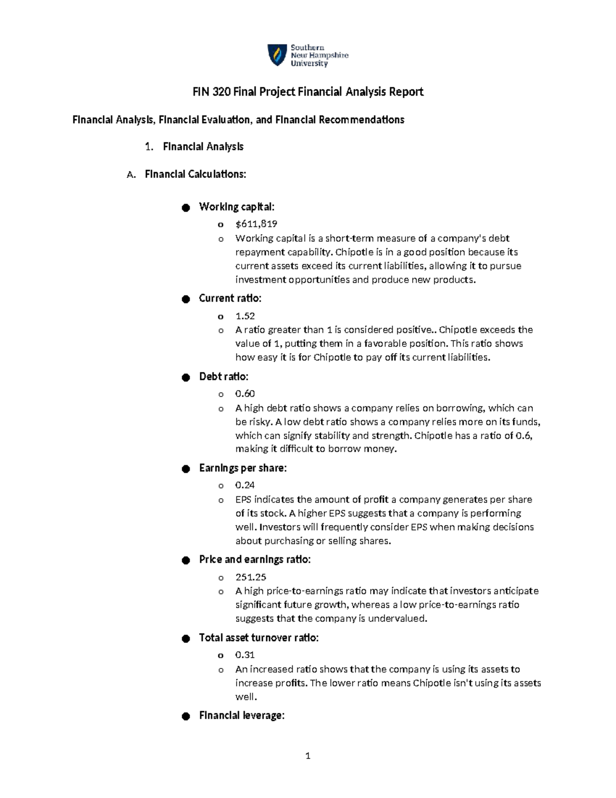 FIN 320 Final Project: Financial Analysis & Recommendations for ...