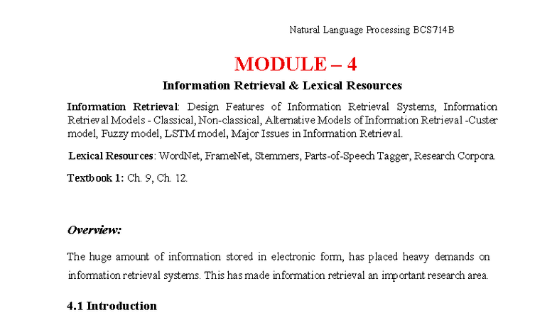 BCS714B NLP Module 4: Information Retrieval & Lexical Resources - Studocu