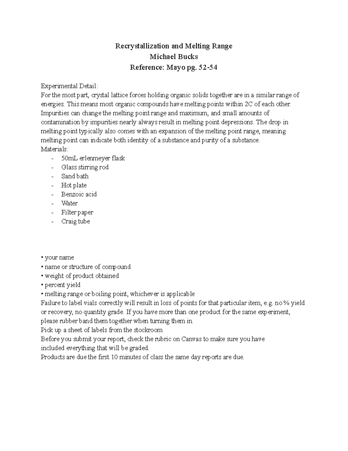 Recrystallization & Melting Range Lab Report (CHEM 101) - Studocu