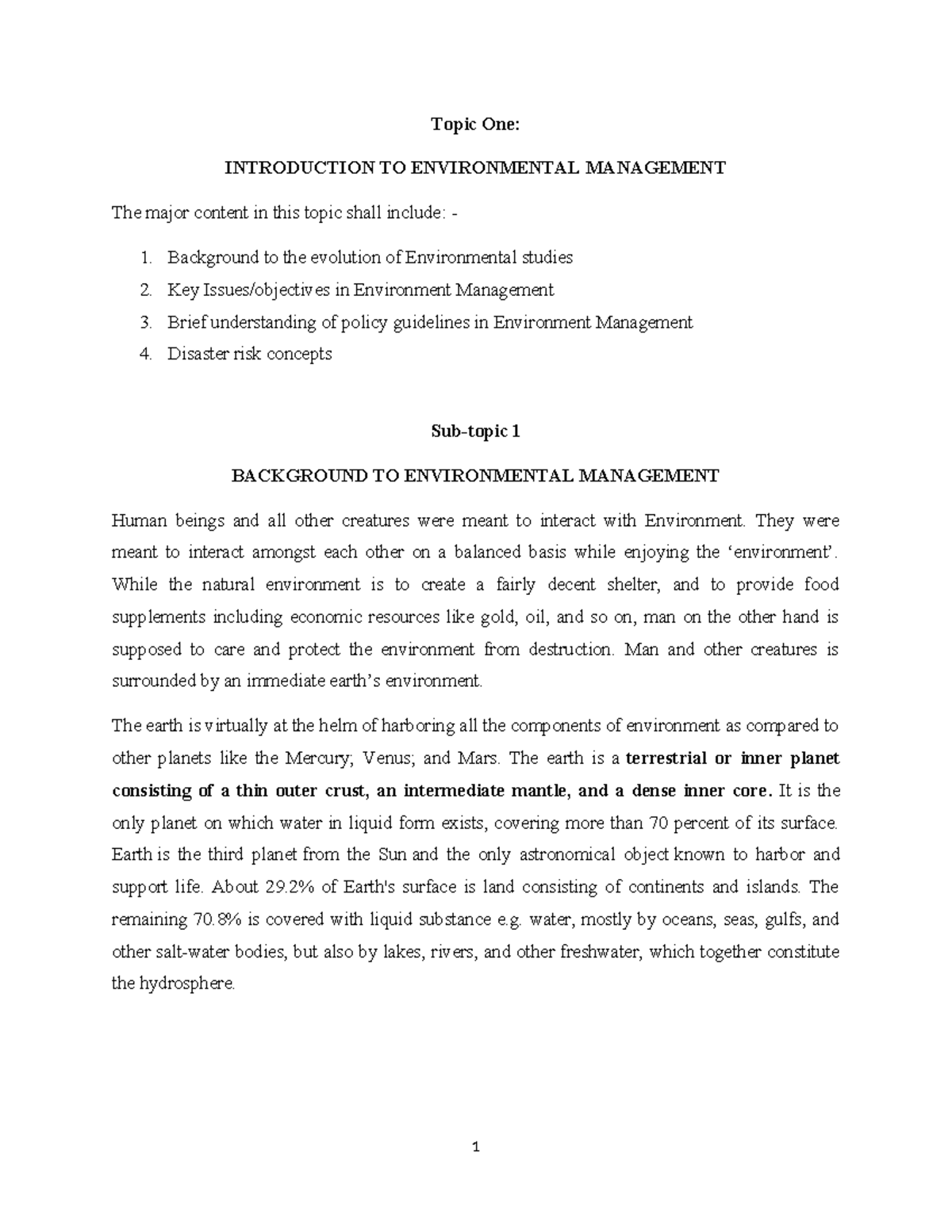 Topic ONE (ENVT. MGT) - ESSAY ON ENVIRONMENT - Topic One: INTRODUCTION ...