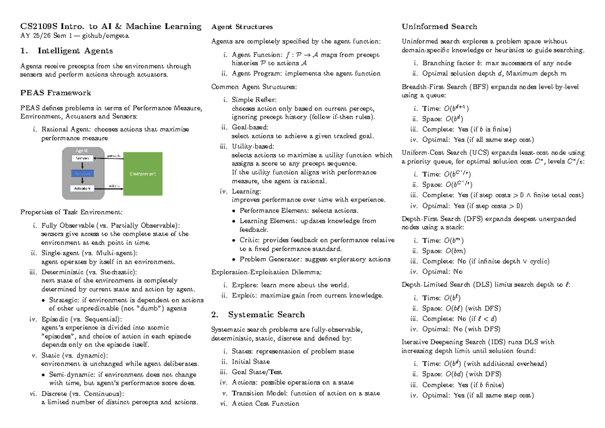 CS2109S Final Exam Cheatsheet: AI & Machine Learning Concepts - Studocu