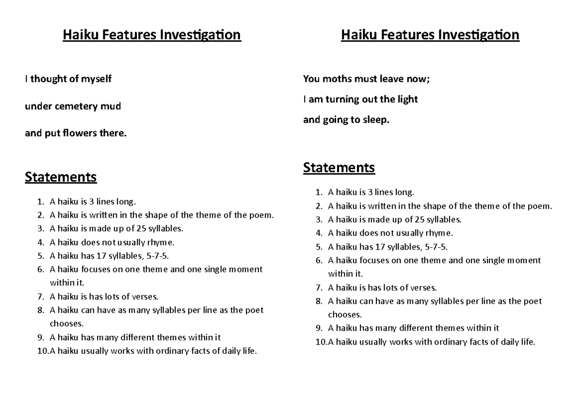 Haiku Features Investigation - I thought of myself under cemetery mud ...