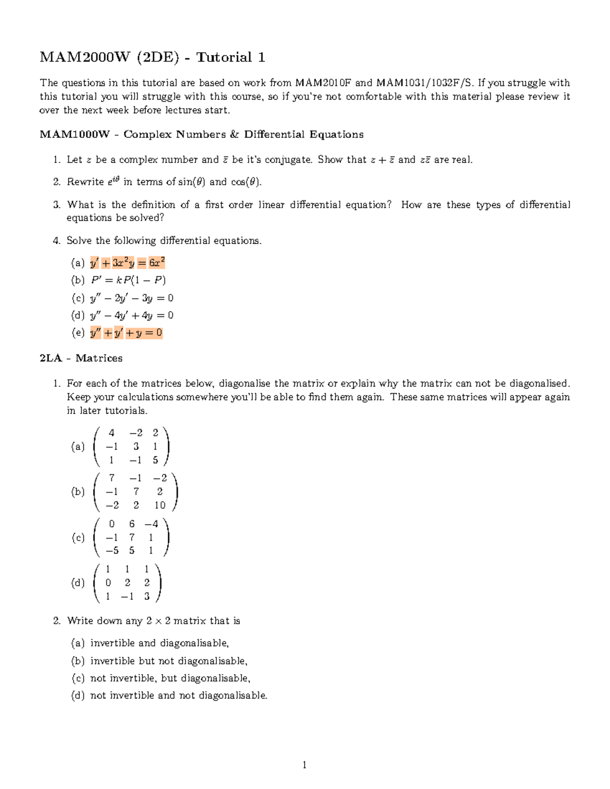 Tutorial 01 - MAM2000W (2DE) - Tutorial 1 The questions in this ...