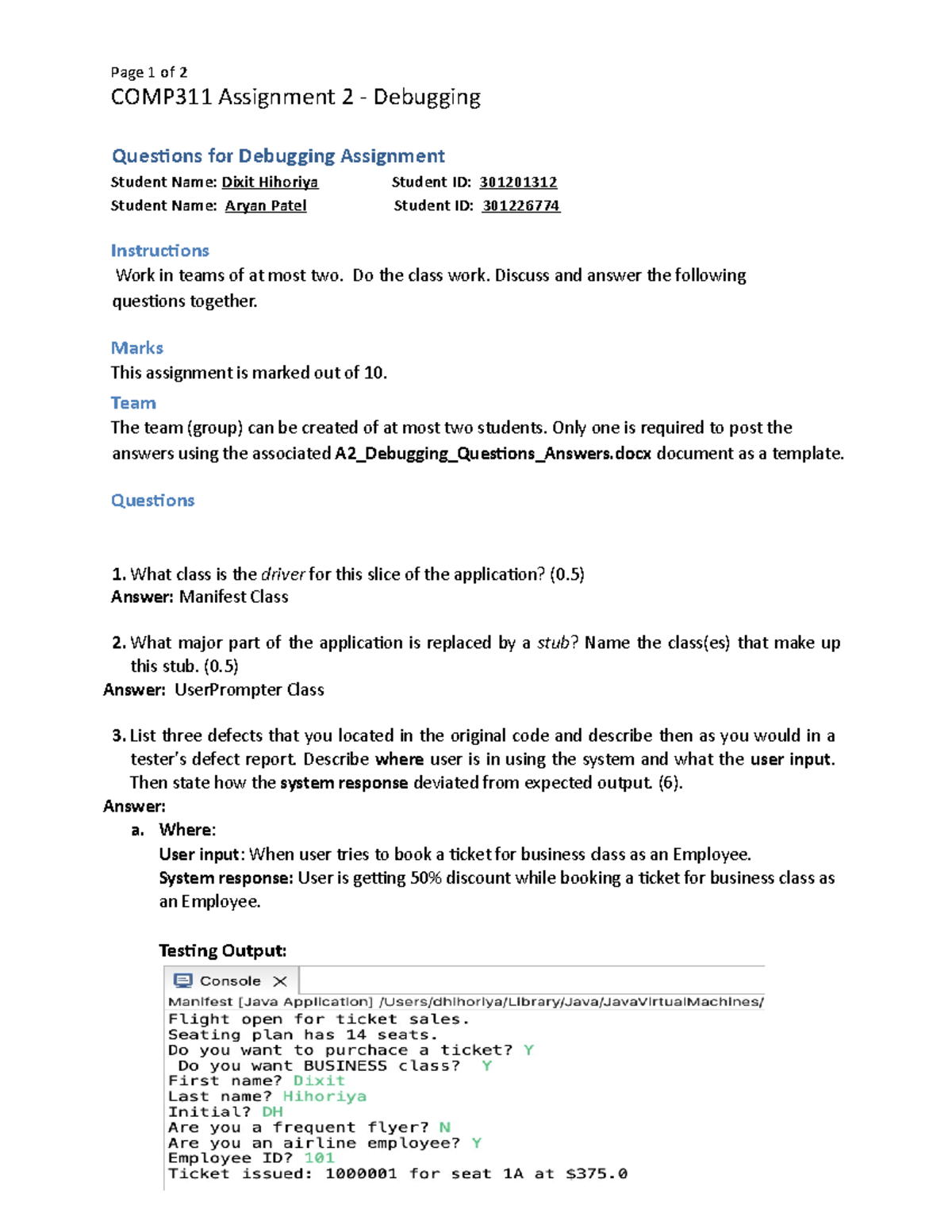 A2-Debugging Questions Answers - COMP311 Assignment 2 - Debugging Ques琀椀ons for Debugging ...