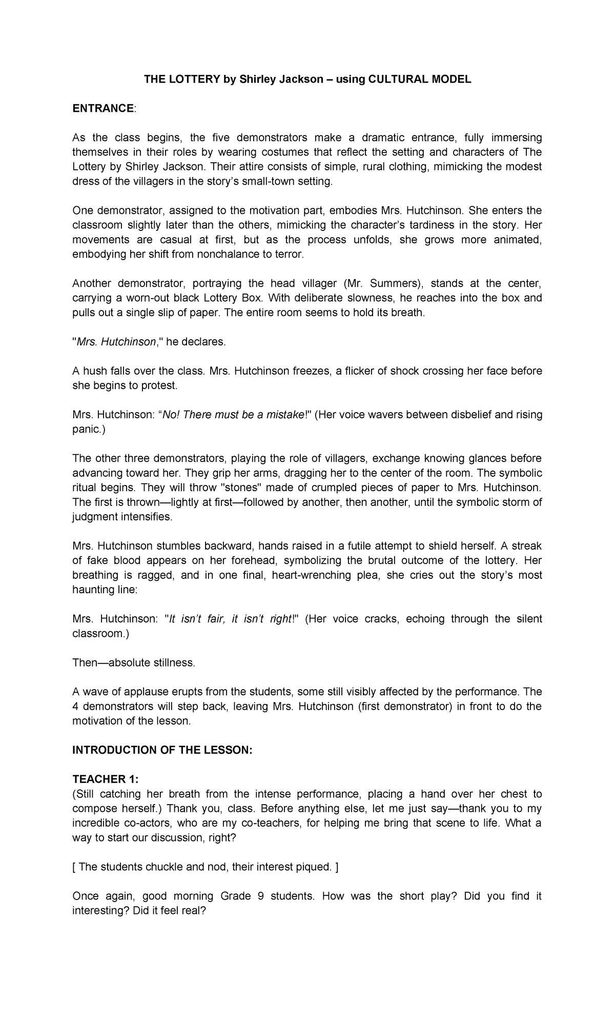 Script FOR THE Lottery using Cultural Model - THE LOTTERY by Shirley ...