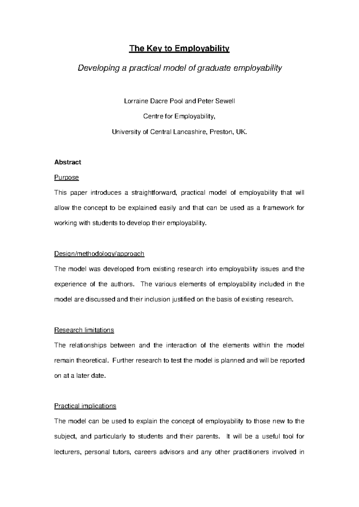 UCLan 2007 Employability Model: The Career EDGE Framework Analysis - Studocu