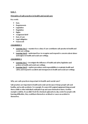 Assignment - Unit 7 - P1 – Explain the implications of a duty of care ...