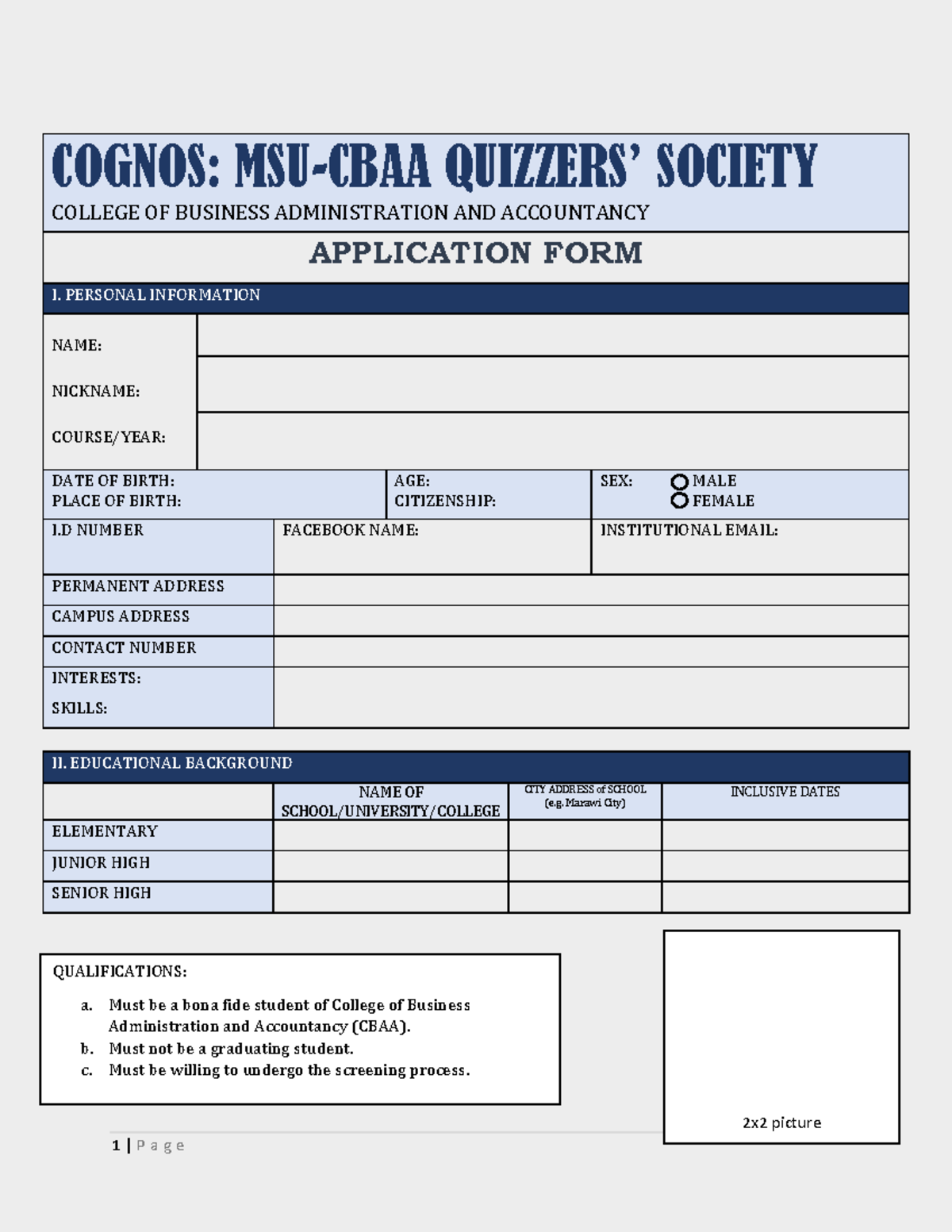 COG 101: Cognos Application Form for CBAA Students - Studocu