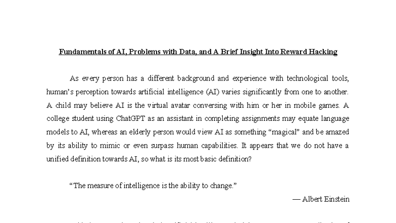 UTC1801 - Essay on AI Fundamentals, Data Issues, and Reward Hacking ...