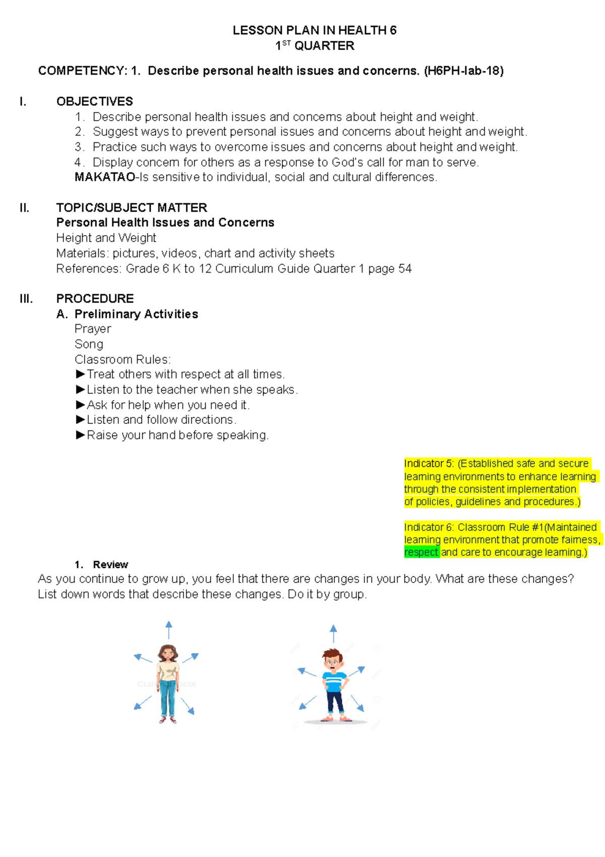 Lesson Plan for Health 6: Addressing Personal Health Issues - Studocu