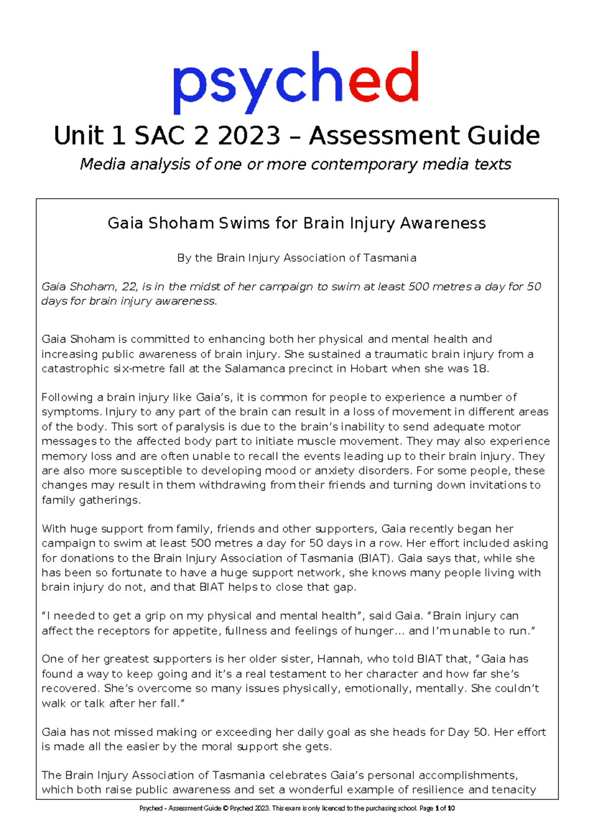 Psyched Unit 1 SAC 2 2023 - Media Analysis of Brain Injury Awareness ...