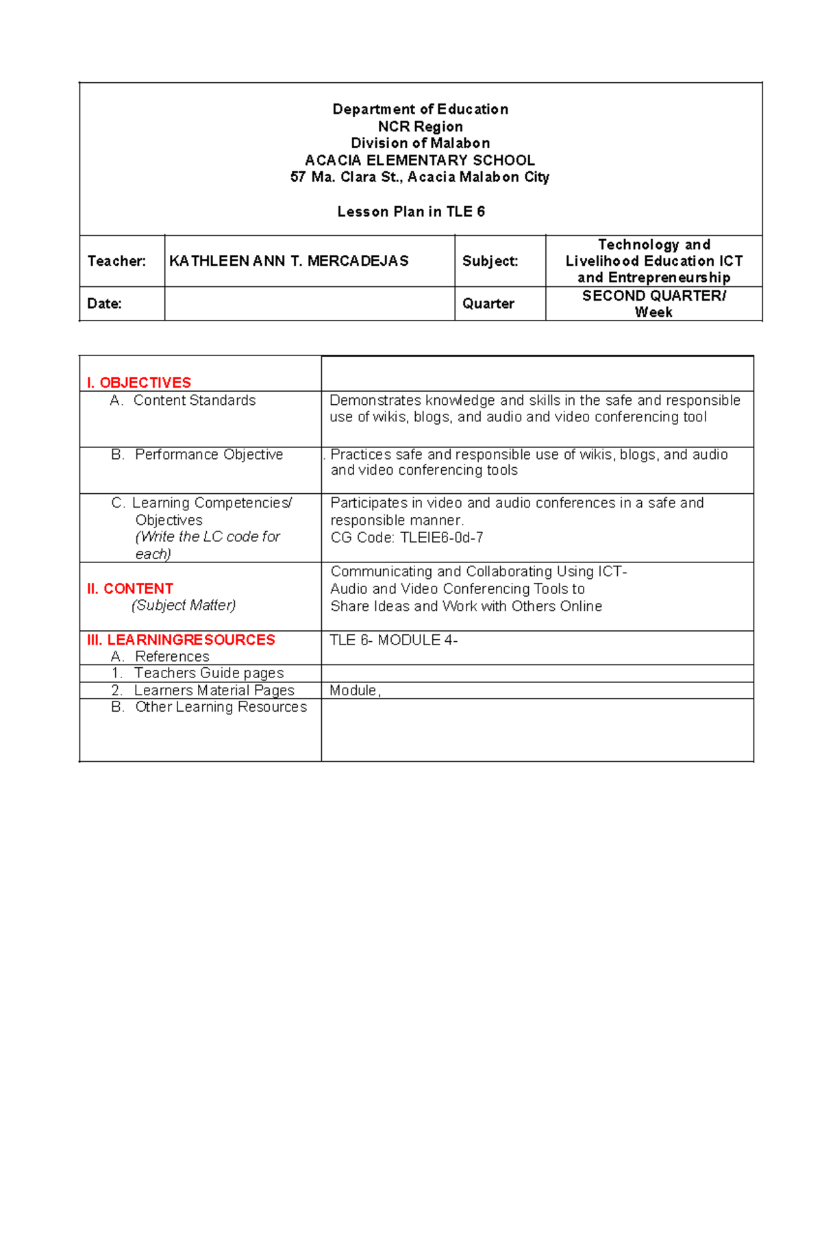 TLE 6 Lesson Plan: Communicating with ICT Tools & Video Conferencing ...