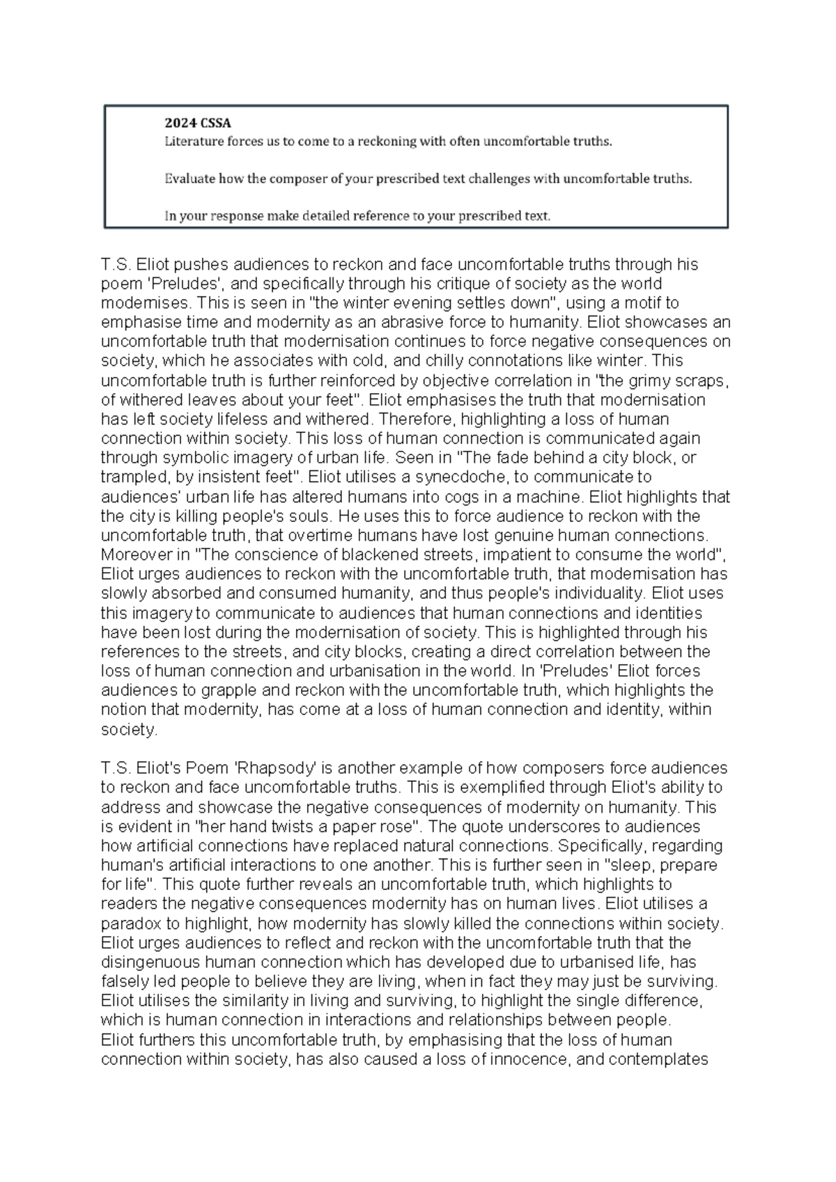 T.S. Eliot's Uncomfortable Truths in "Preludes" and "Rhapsody" CSSA ...