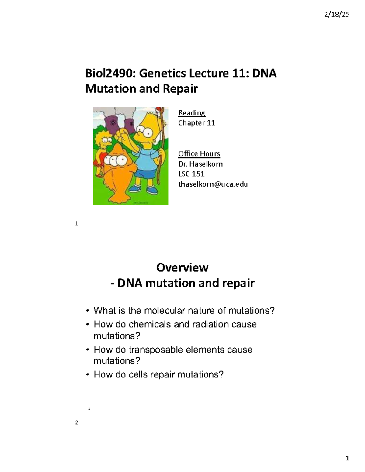 Biol2490: Genetics Lecture 11 - Overview of DNA Mutation & Repair - Studocu