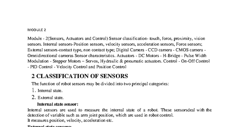 Module 2 - Robotics: Sensors, Actuators, and Control Notes - Studocu