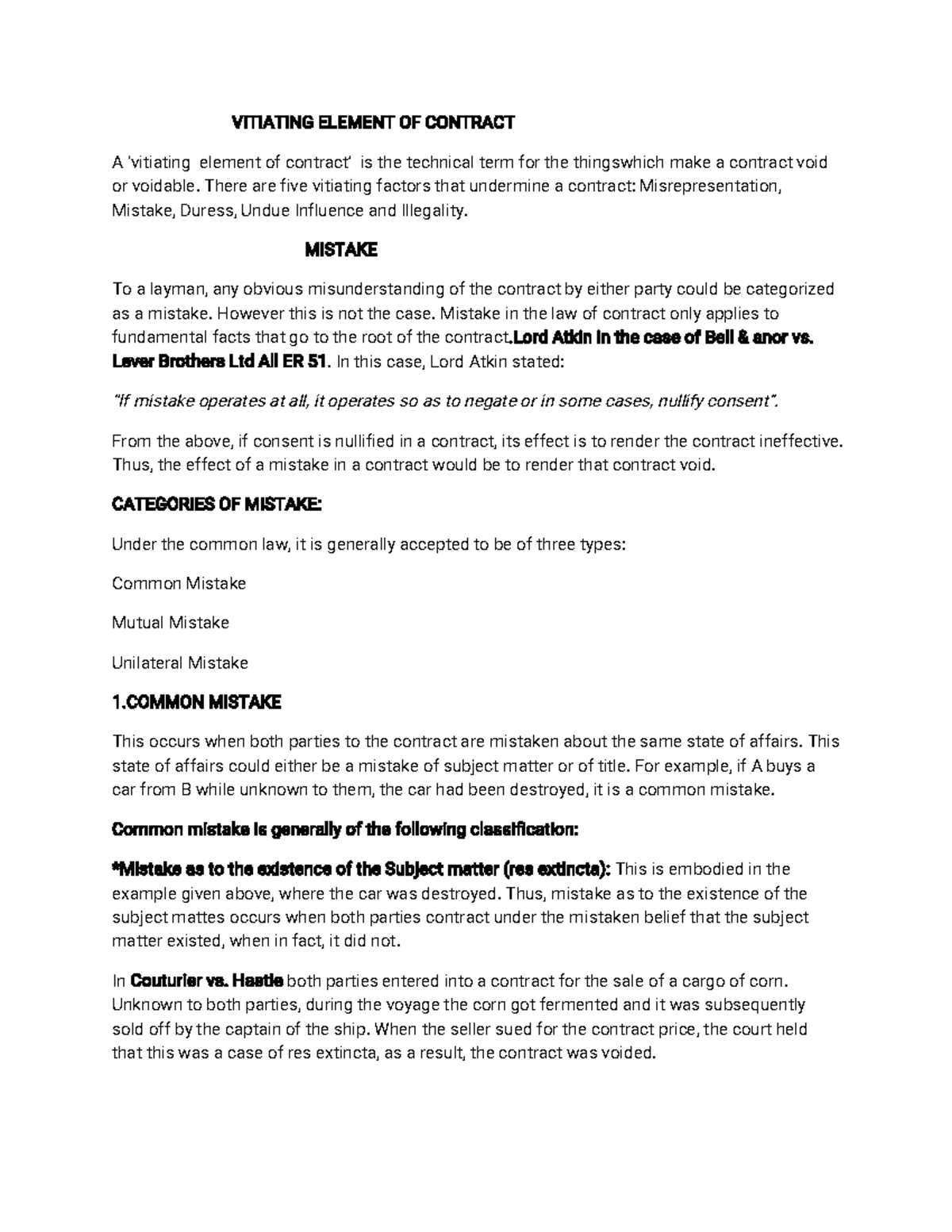 VITIATING ELEMENTS OF CONTRACT: MISTAKE & MISREPRESENTATION - Studocu