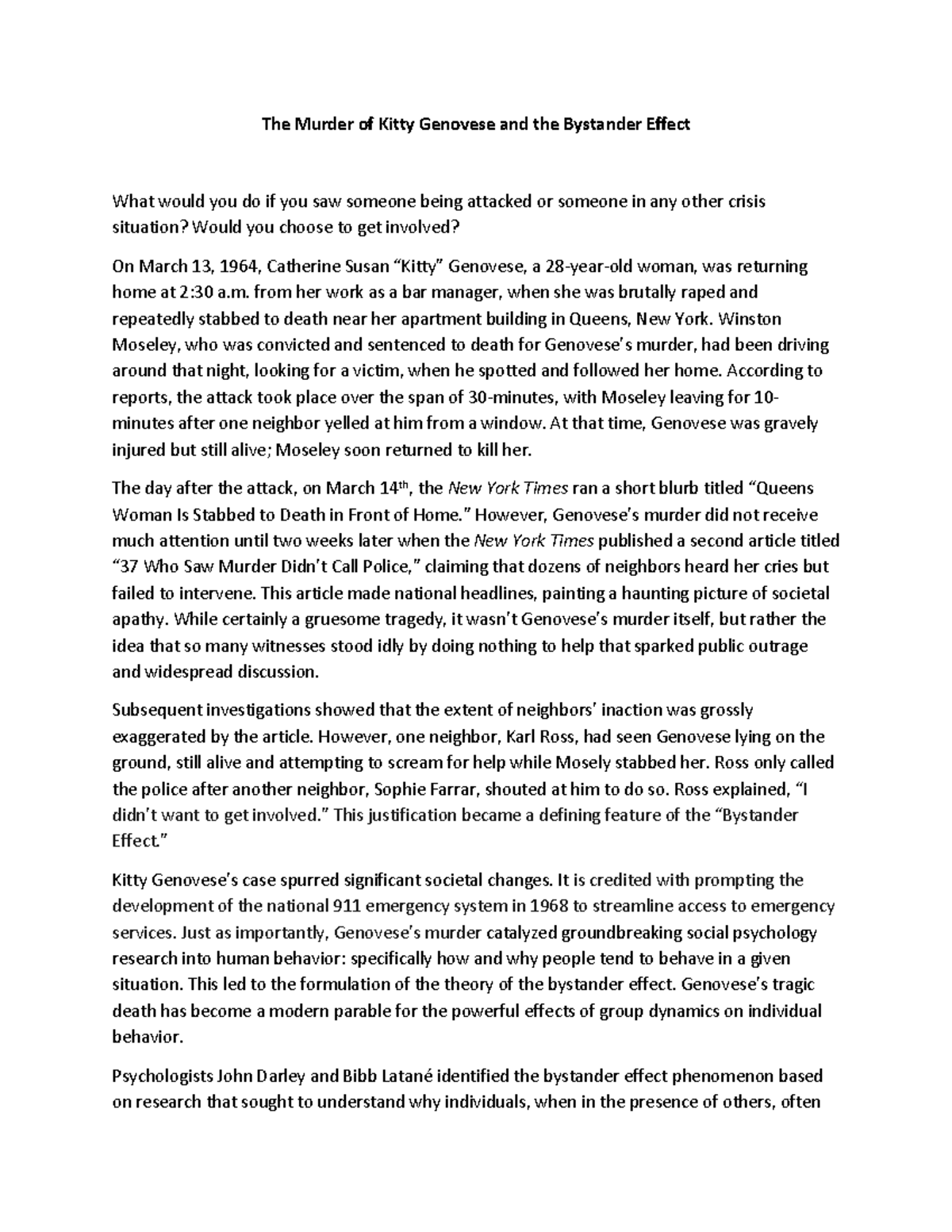 Kitty Genovese and the Bystander Effect: A Case Study Analysis - Studocu