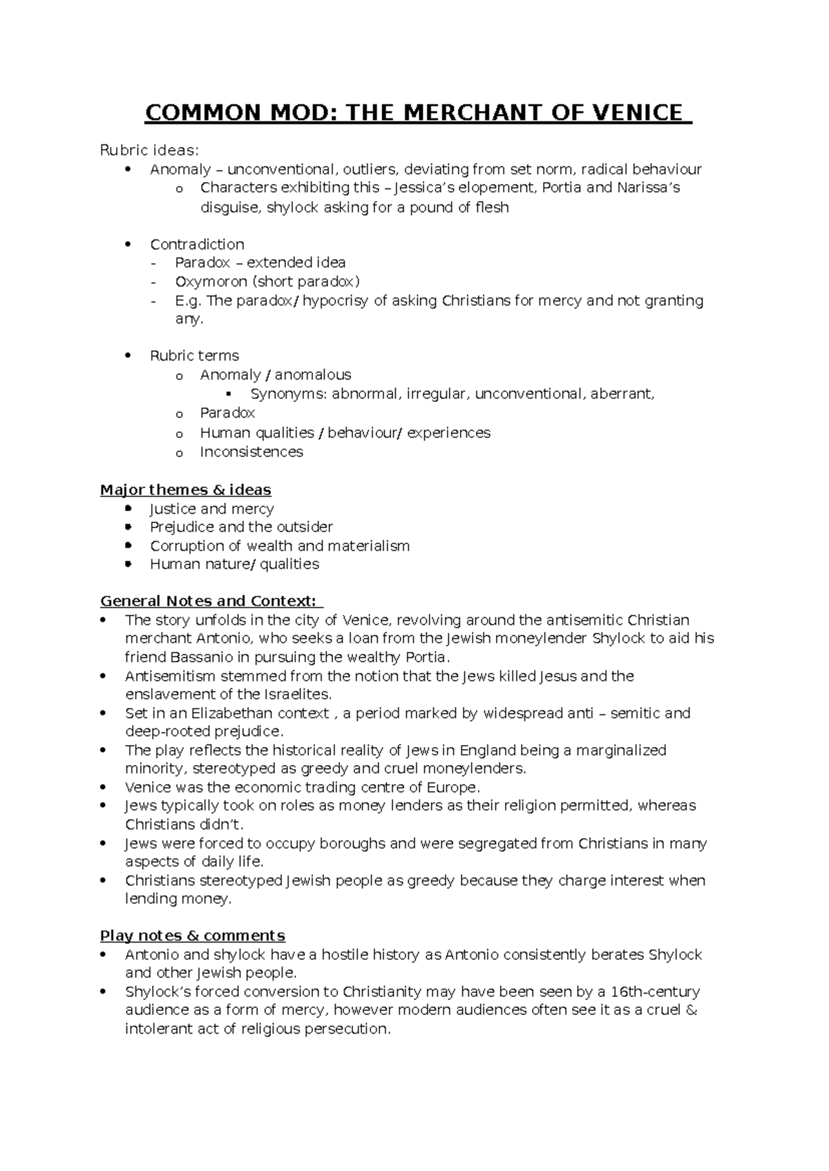Common Module: The Merchant of Venice - Themes & Analysis - Studocu