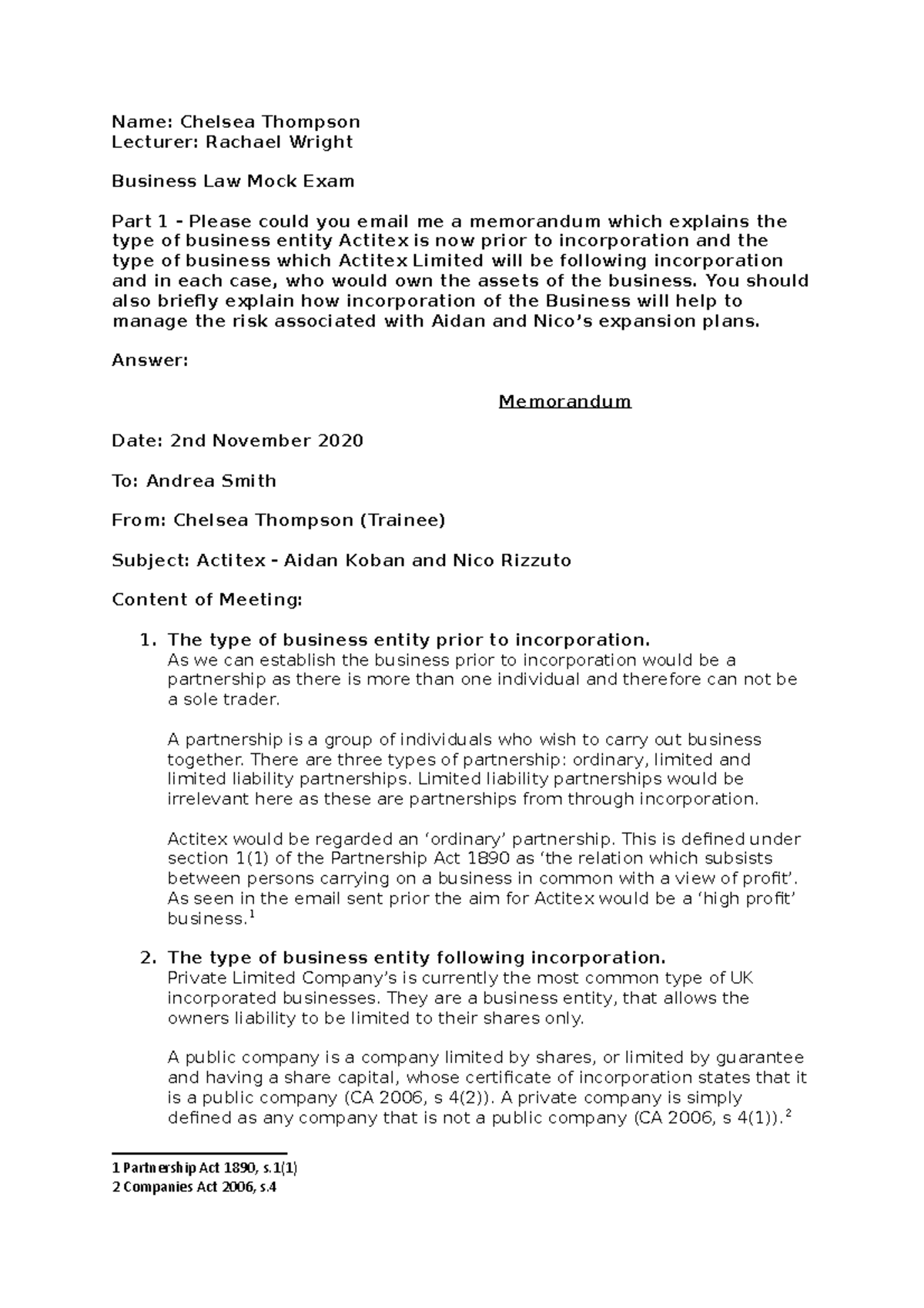 Business Law Mock Exam - Entity Types and Incorporation Risks - Studocu
