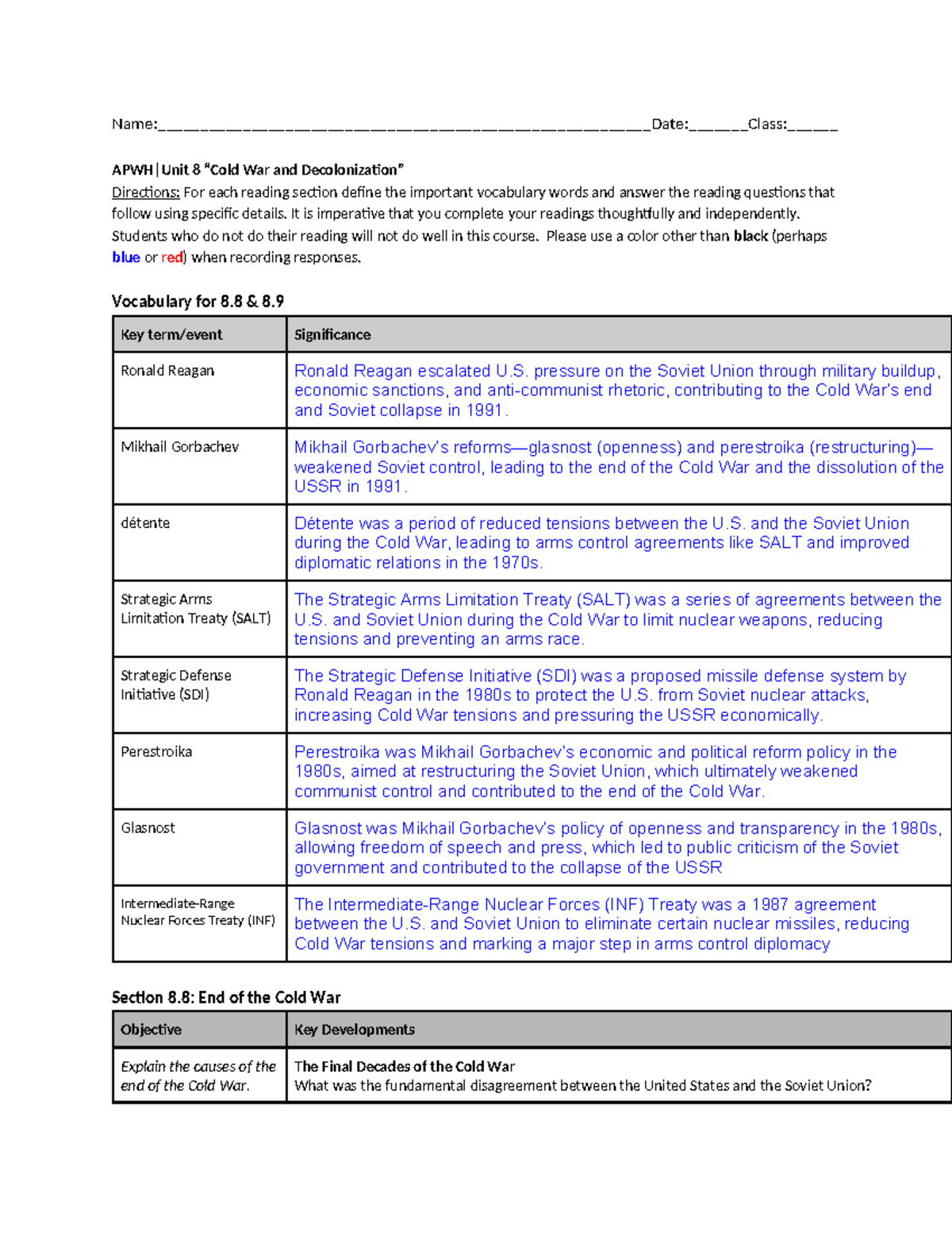 8.8-8.9 Amsco Guide: Key Vocabulary & Reading Questions on Cold War ...