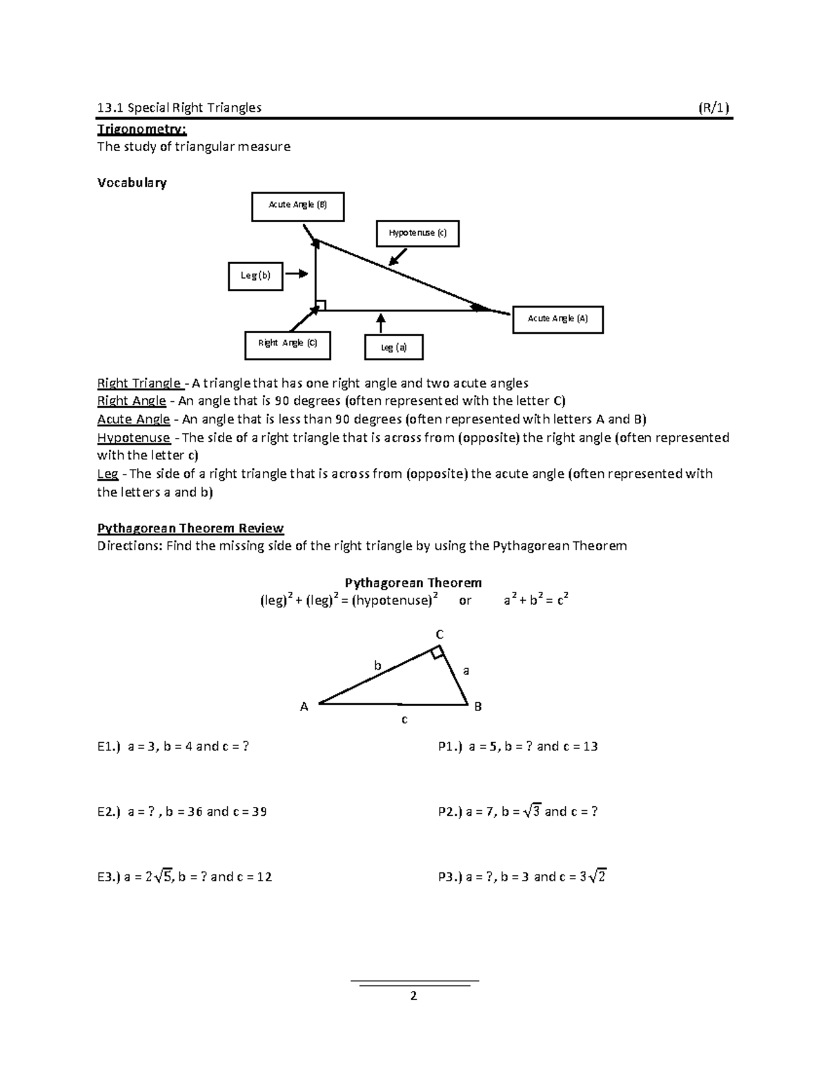 Final Exam Review: Special Right Triangles & Trigonometric Functions ...