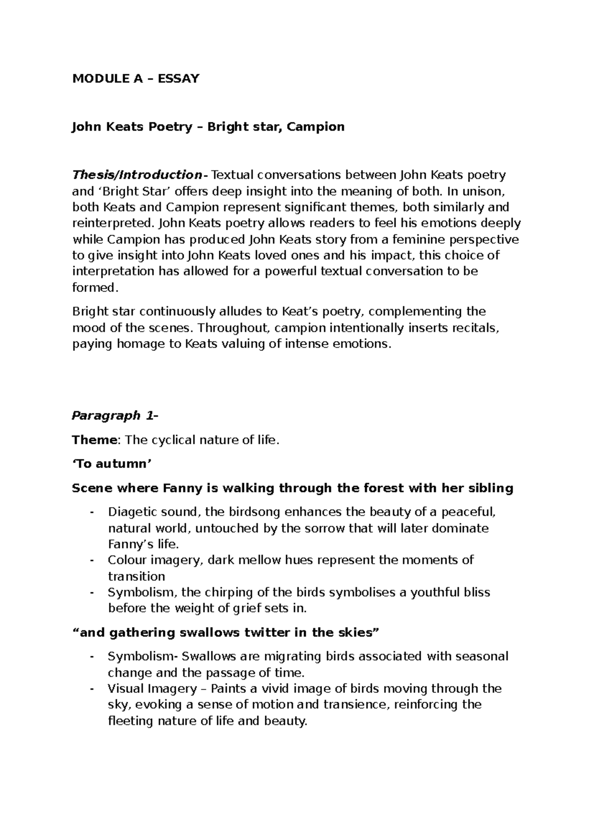 MOD B - Bright Star & John Keats: A Textual Conversation Essay - Studocu