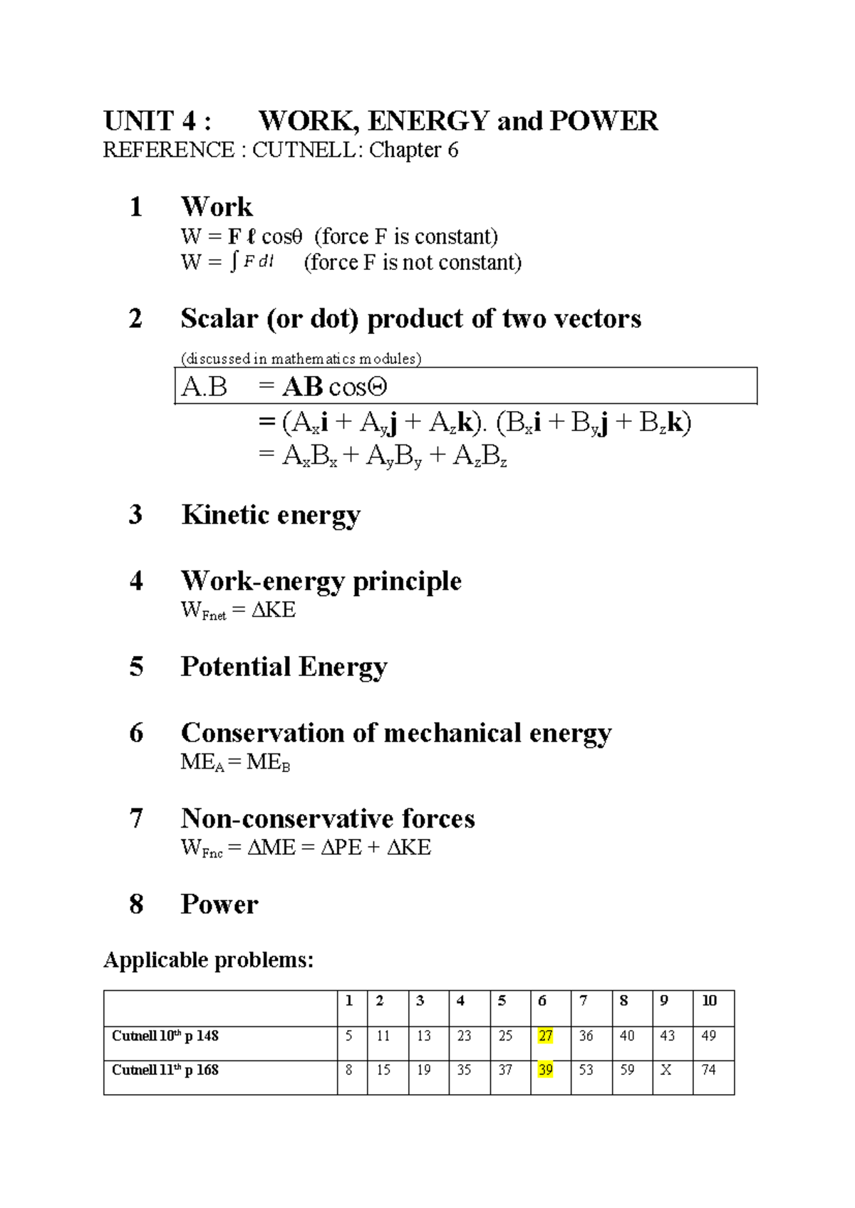 UNIT 4: Work, Energy, and Power Notes - Cutnell Ch. 6 - Studocu