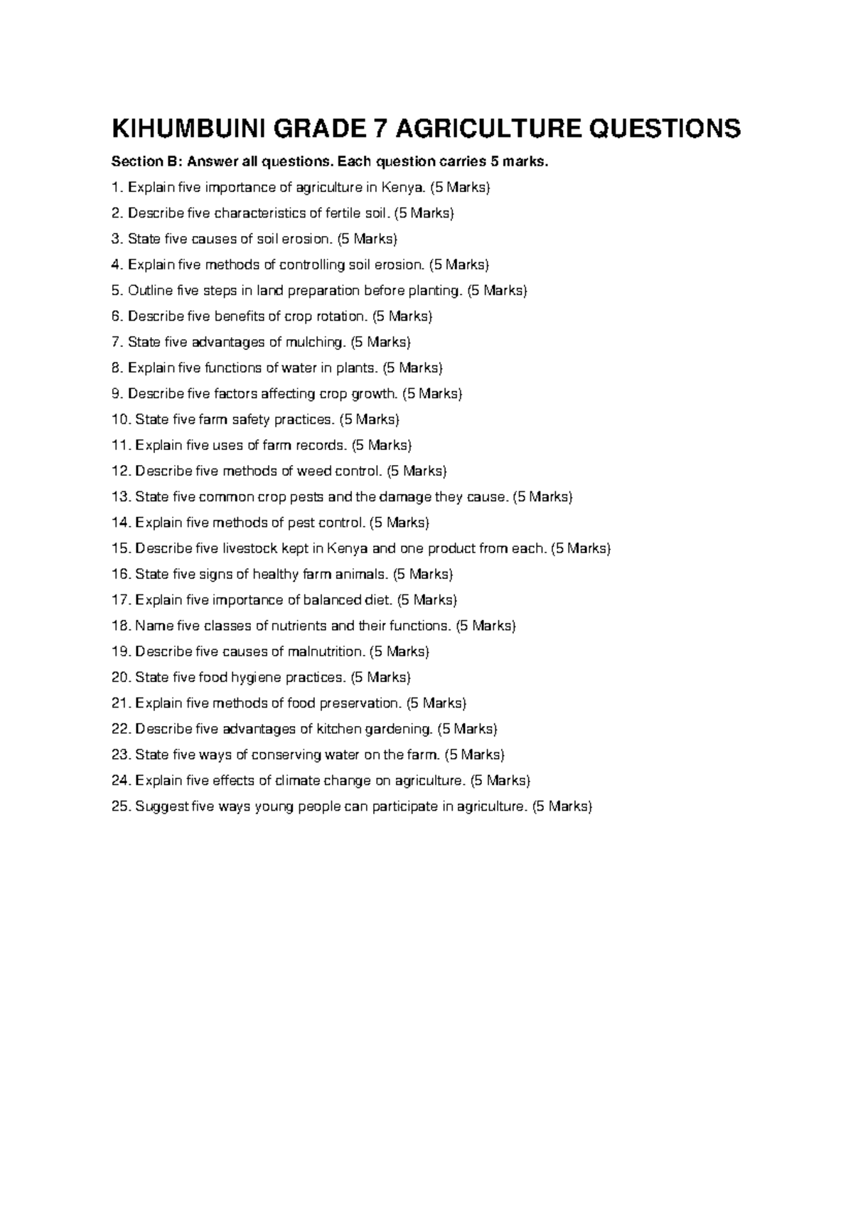 KIHUMBUINI GRADE 7 AGRICULTURE QUESTIONS - SECTION B ANSWERS - Studocu