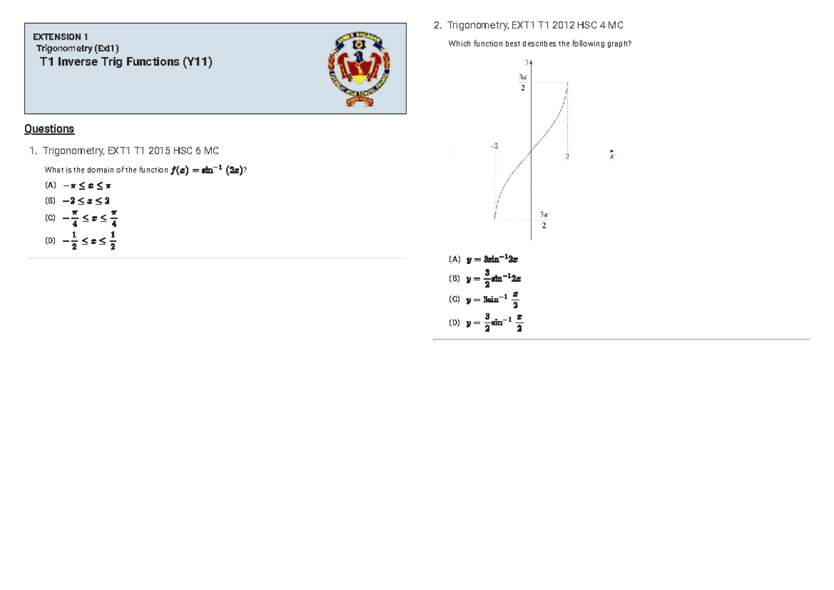 Inverse Trig Functions (HSC) - EXT1 T1 Study Guide - Studocu