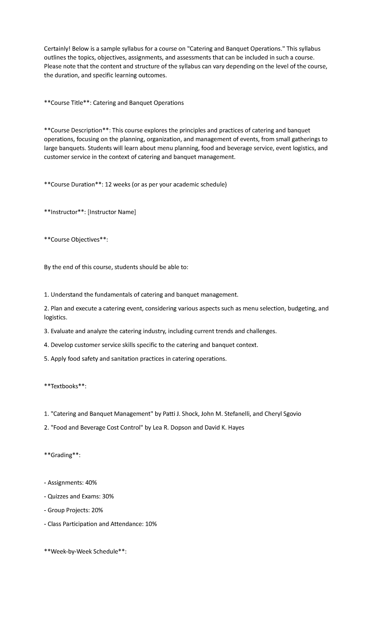 Catering and Banquet Operations Syllabus (Course: 12345) - Studocu