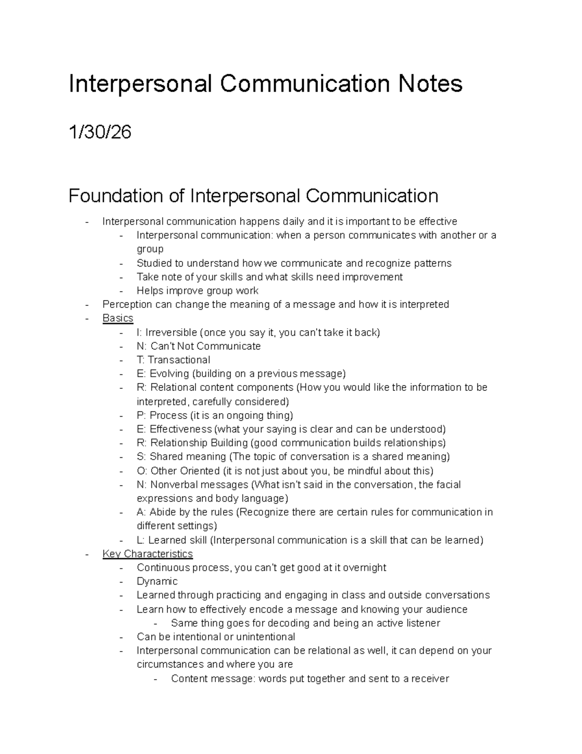 Interpersonal Communication Notes - Key Concepts and Skills - Studocu